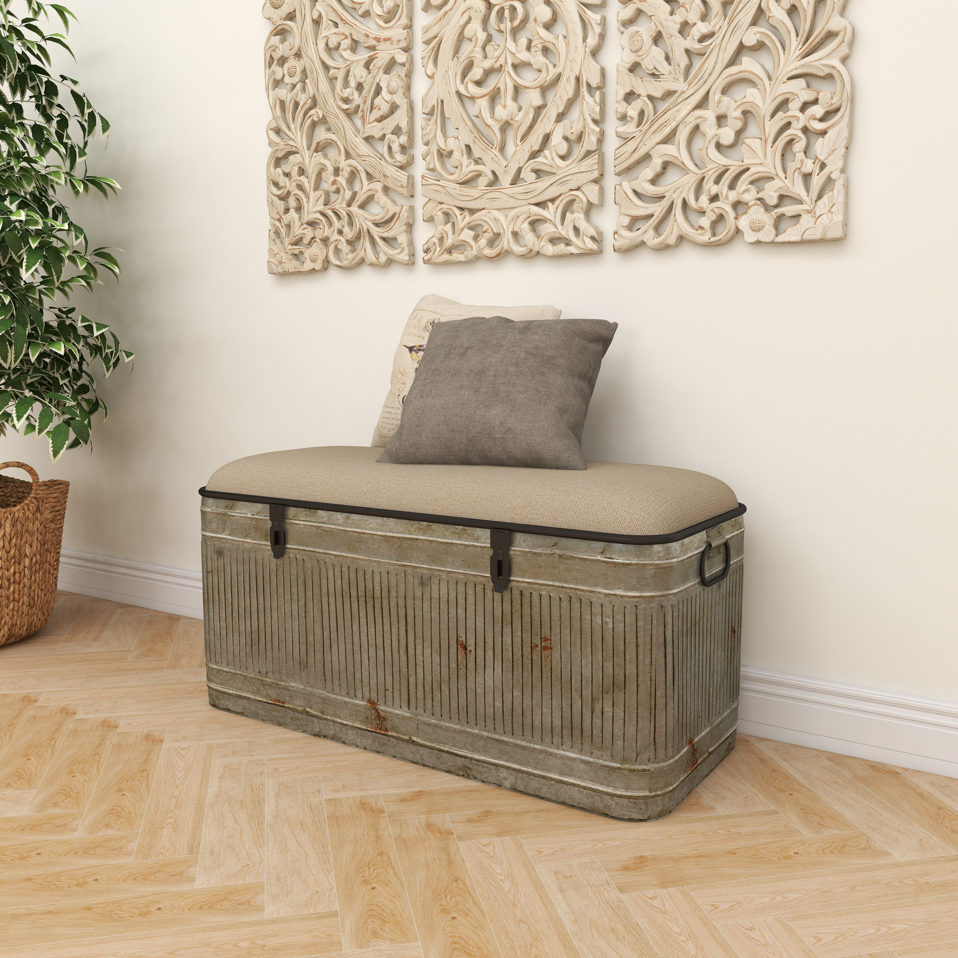Laurel Foundry Modern Farmhouse Metal Galvanized Room Storage Bench with Cream Burlap Top Reviews Wayfair Canada